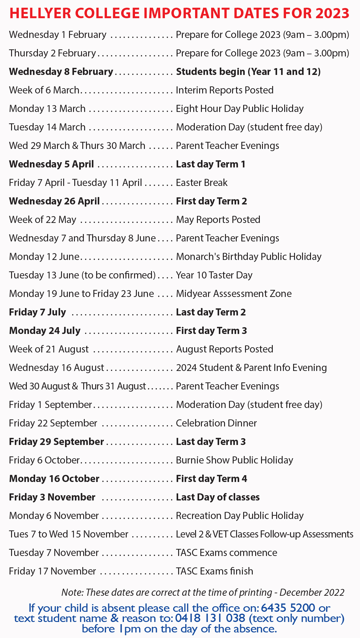 Important Dates for 2021 - Hellyer College
